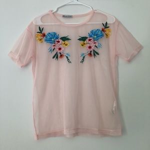 Zara | Tops | Zara Sheer Embroidered Pink Tee | Poshmark